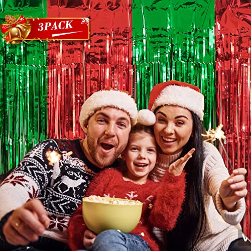 LYUBASA 3 Pack Christmas Party Decorations, Red and Green Tinsel Foil Fringe Curtains,Ugly Sweater theme Photo Booth Prop Streamer Backdrop decor Indoor outdoor Party Supplies for Happy New Year party