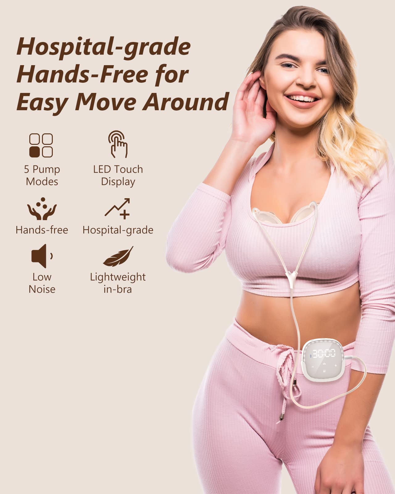 Wearable Electric Breast Pumps, Hands-Free Breastfeeding Pump, BPA Free Nursing Double Breast Milk Pumps with 5 Modes & Touch Panel, LED Display, Split Designed, 21MM/24MM Insert Funnels