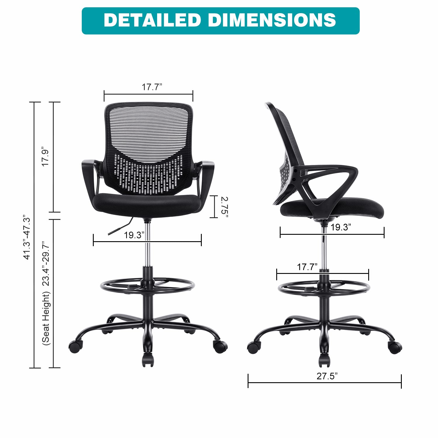 Tall Office Chair, Drafting Chair, Standing Desk Chair, High Adjustable Office Mesh Chair, Ergonomic Counter Height Computer Rolling Chair with Armrests and Foot-Ring for Bar Height Desk