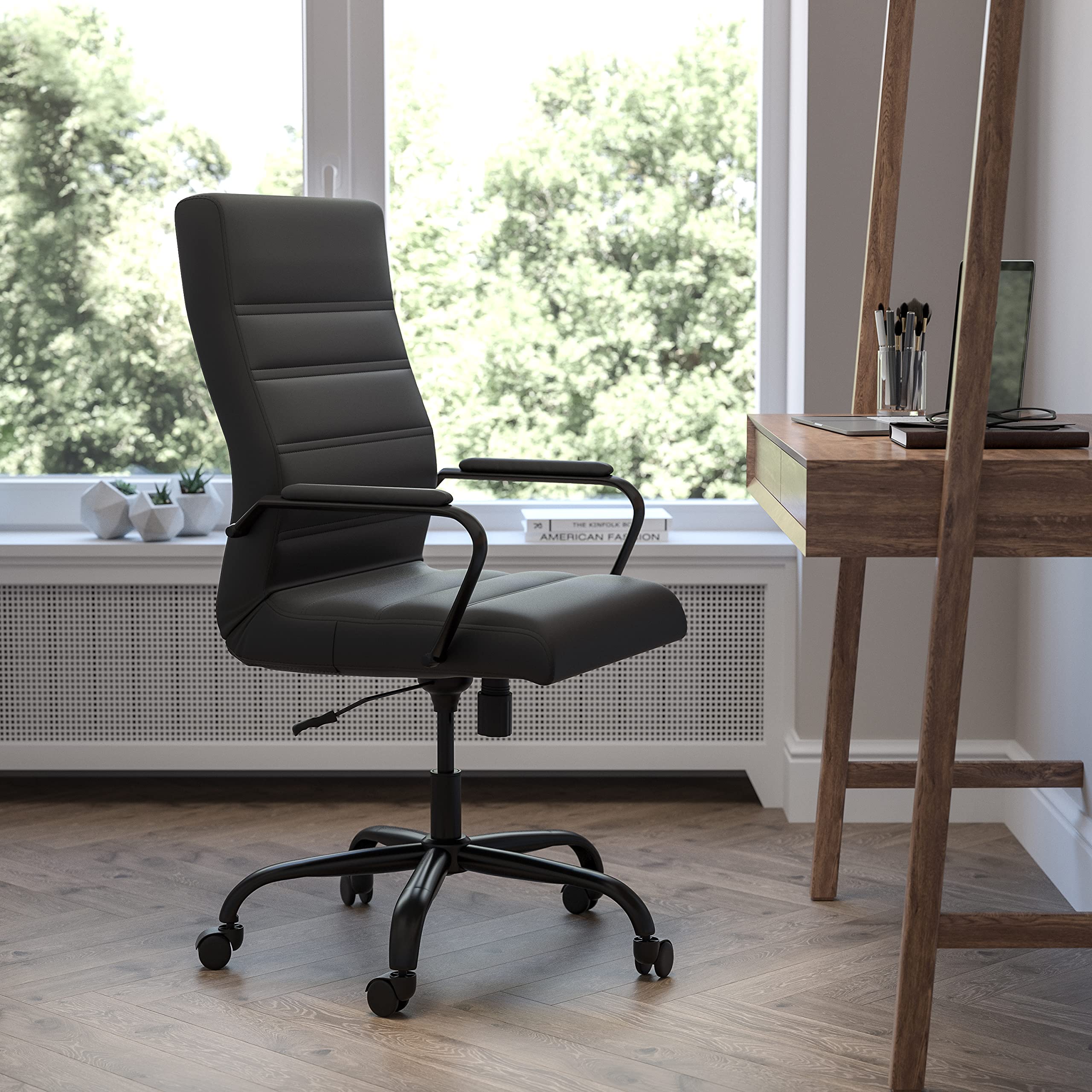 EMMA + OLIVER High Back Black LeatherSoft Executive Swivel Office Chair with Black Frame/Arms