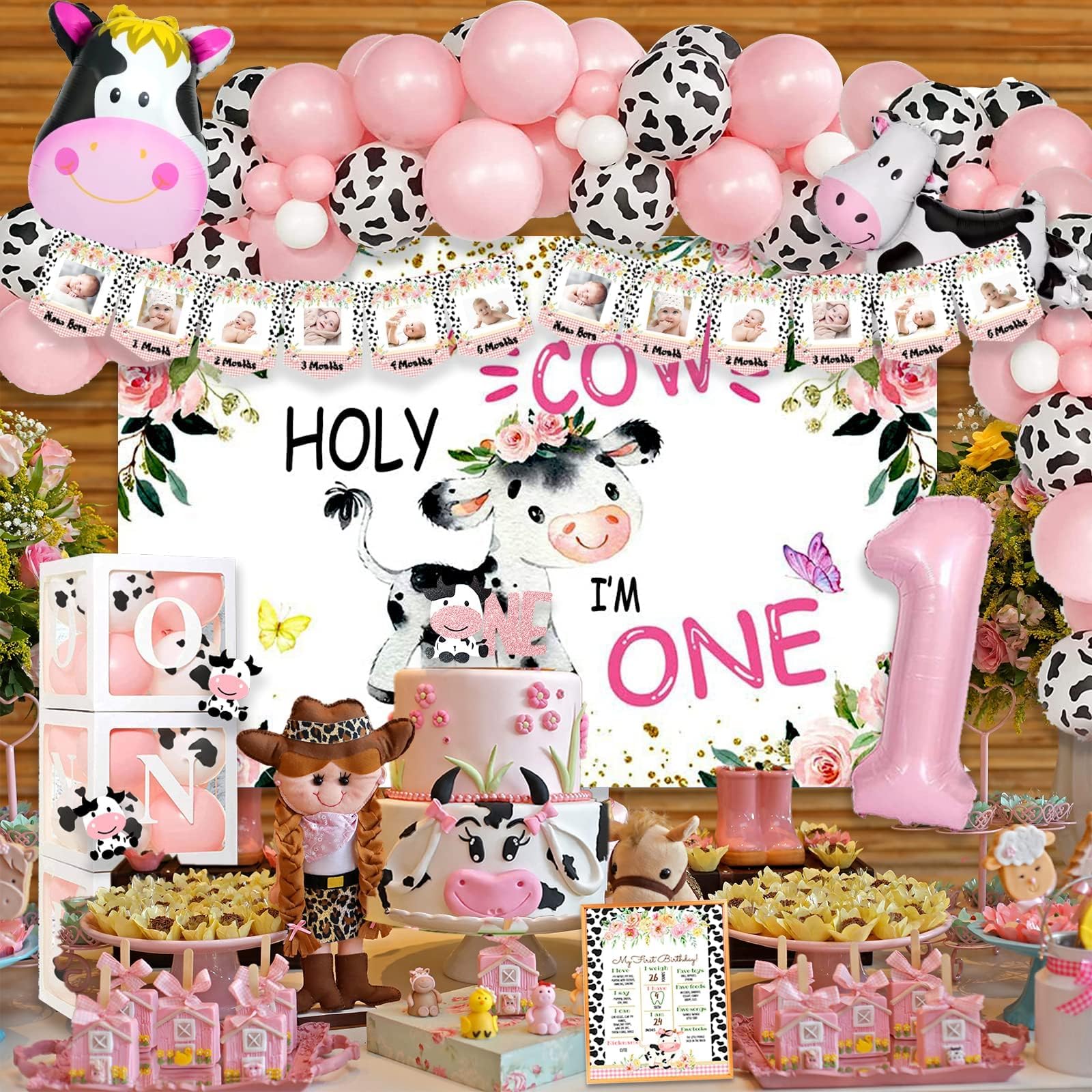 Fiesec Holy Cow I'm One Birthday Decorations, Cow First Birthday Party Supplies Girl, Cow Print 1st Decorations, 1st Birthday Girl Decorations