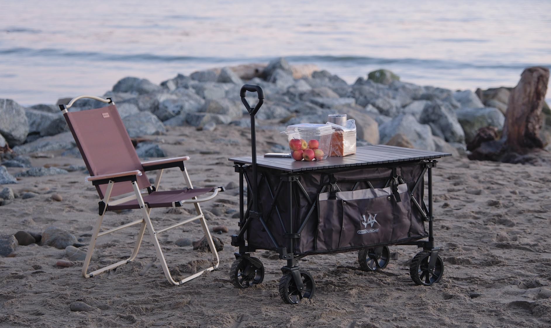 Whitsunday Folding Collapsible Utility Camping Park Wagon Cart with Aluminum Table Plate (Grey)