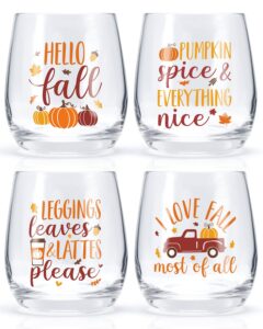 nefelibata fall wine glass fall cups hello fall fall leaves pumpkin spice stemless wine glass tumbler for table decor wedding birthday thanksgiving gift ideas 12oz set of 4