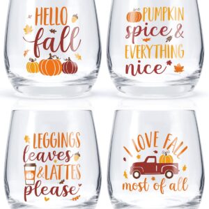 Nefelibata Fall Wine Glass Fall Cups Hello Fall Fall Leaves Pumpkin Spice Stemless Wine Glass Tumbler for Table Decor Wedding Birthday Thanksgiving Gift Ideas 12oz Set of 4