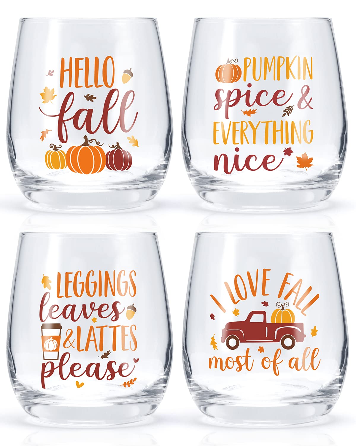 Nefelibata Fall Wine Glass Fall Cups Hello Fall Fall Leaves Pumpkin Spice Stemless Wine Glass Tumbler for Table Decor Wedding Birthday Thanksgiving Gift Ideas 12oz Set of 4