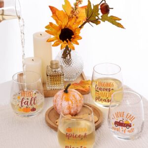 Nefelibata Fall Wine Glass Fall Cups Hello Fall Fall Leaves Pumpkin Spice Stemless Wine Glass Tumbler for Table Decor Wedding Birthday Thanksgiving Gift Ideas 12oz Set of 4