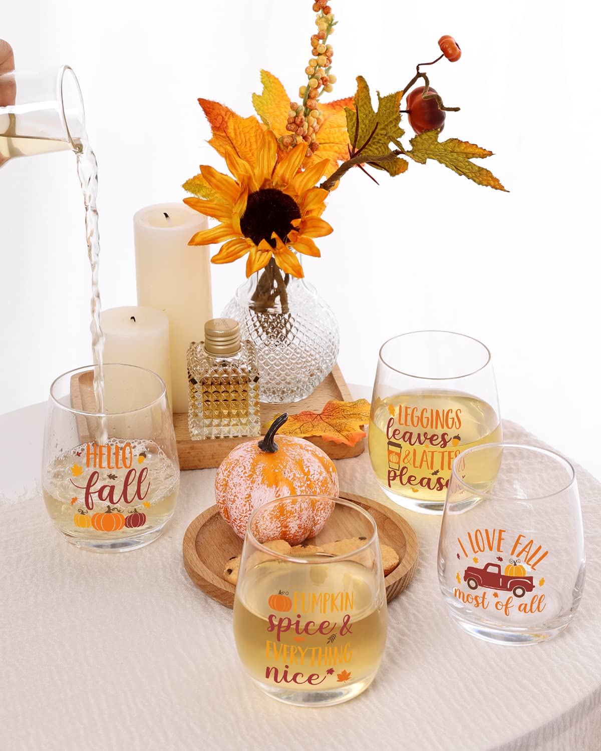 Nefelibata Fall Wine Glass Fall Cups Hello Fall Fall Leaves Pumpkin Spice Stemless Wine Glass Tumbler for Table Decor Wedding Birthday Thanksgiving Gift Ideas 12oz Set of 4