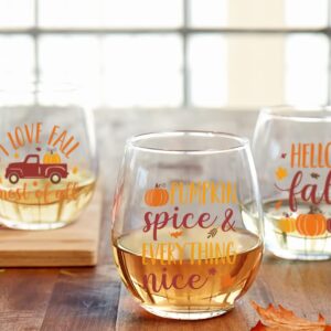 Nefelibata Fall Wine Glass Fall Cups Hello Fall Fall Leaves Pumpkin Spice Stemless Wine Glass Tumbler for Table Decor Wedding Birthday Thanksgiving Gift Ideas 12oz Set of 4