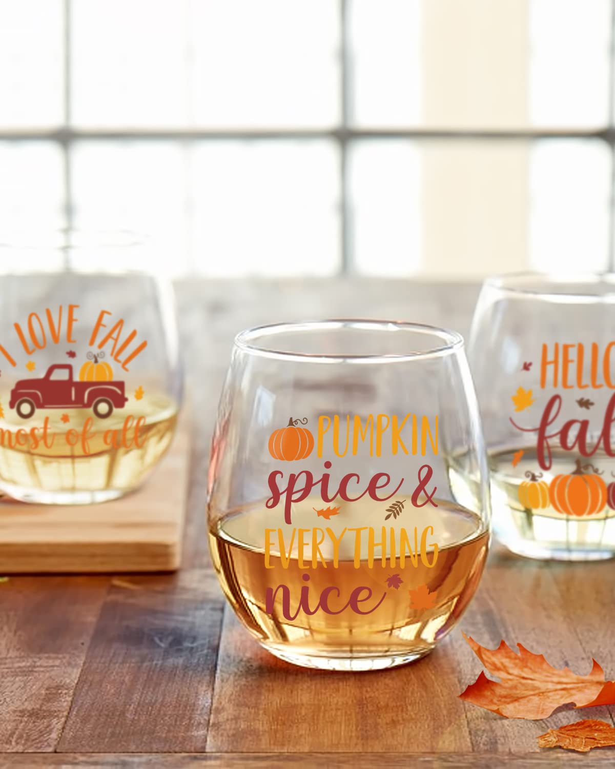 Nefelibata Fall Wine Glass Fall Cups Hello Fall Fall Leaves Pumpkin Spice Stemless Wine Glass Tumbler for Table Decor Wedding Birthday Thanksgiving Gift Ideas 12oz Set of 4