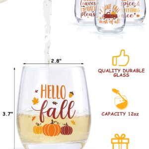 Nefelibata Fall Wine Glass Fall Cups Hello Fall Fall Leaves Pumpkin Spice Stemless Wine Glass Tumbler for Table Decor Wedding Birthday Thanksgiving Gift Ideas 12oz Set of 4