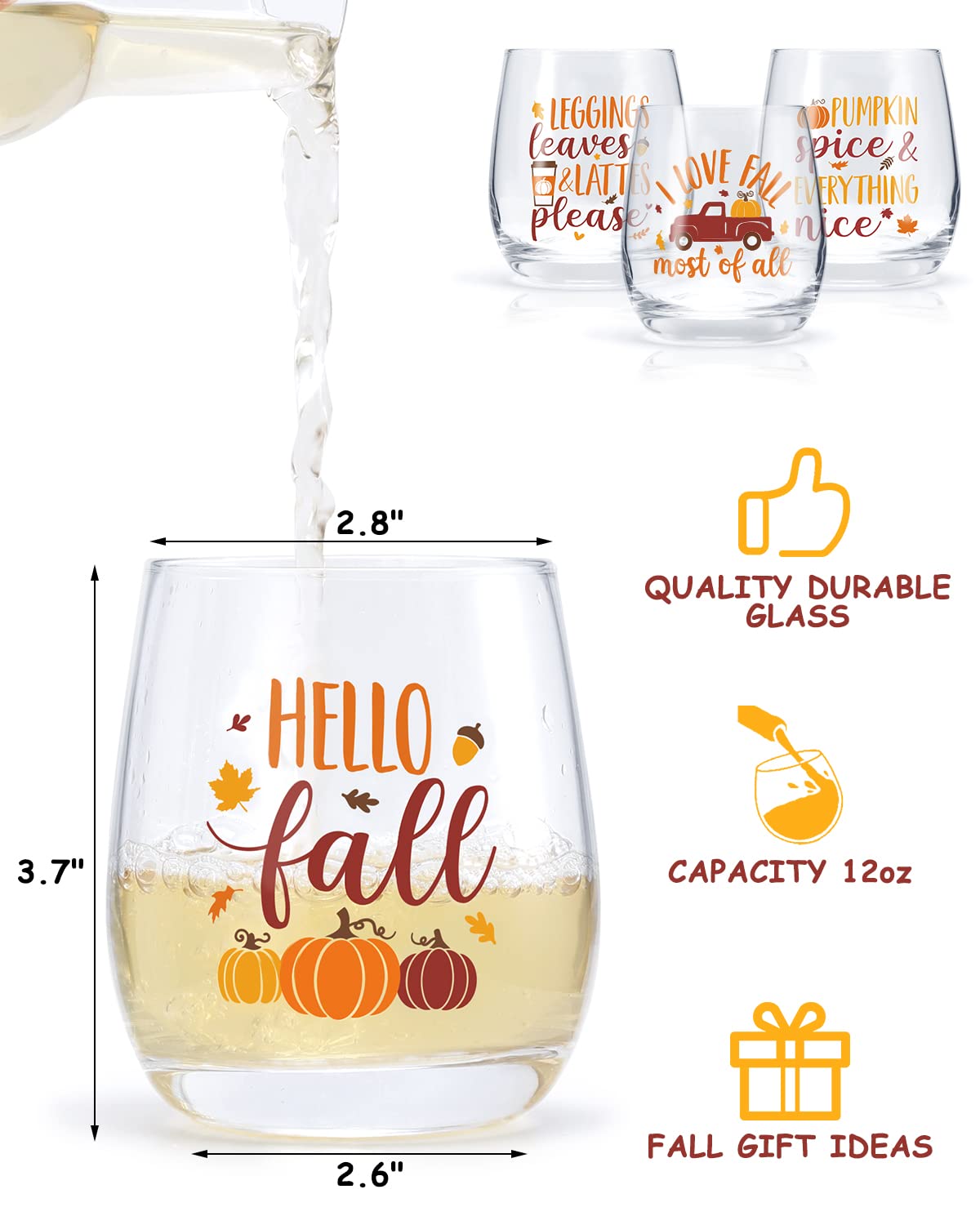 Nefelibata Fall Wine Glass Fall Cups Hello Fall Fall Leaves Pumpkin Spice Stemless Wine Glass Tumbler for Table Decor Wedding Birthday Thanksgiving Gift Ideas 12oz Set of 4