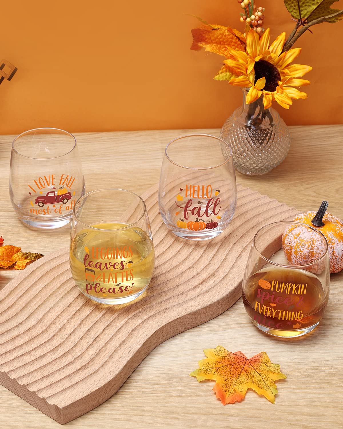 Nefelibata Fall Wine Glass Fall Cups Hello Fall Fall Leaves Pumpkin Spice Stemless Wine Glass Tumbler for Table Decor Wedding Birthday Thanksgiving Gift Ideas 12oz Set of 4