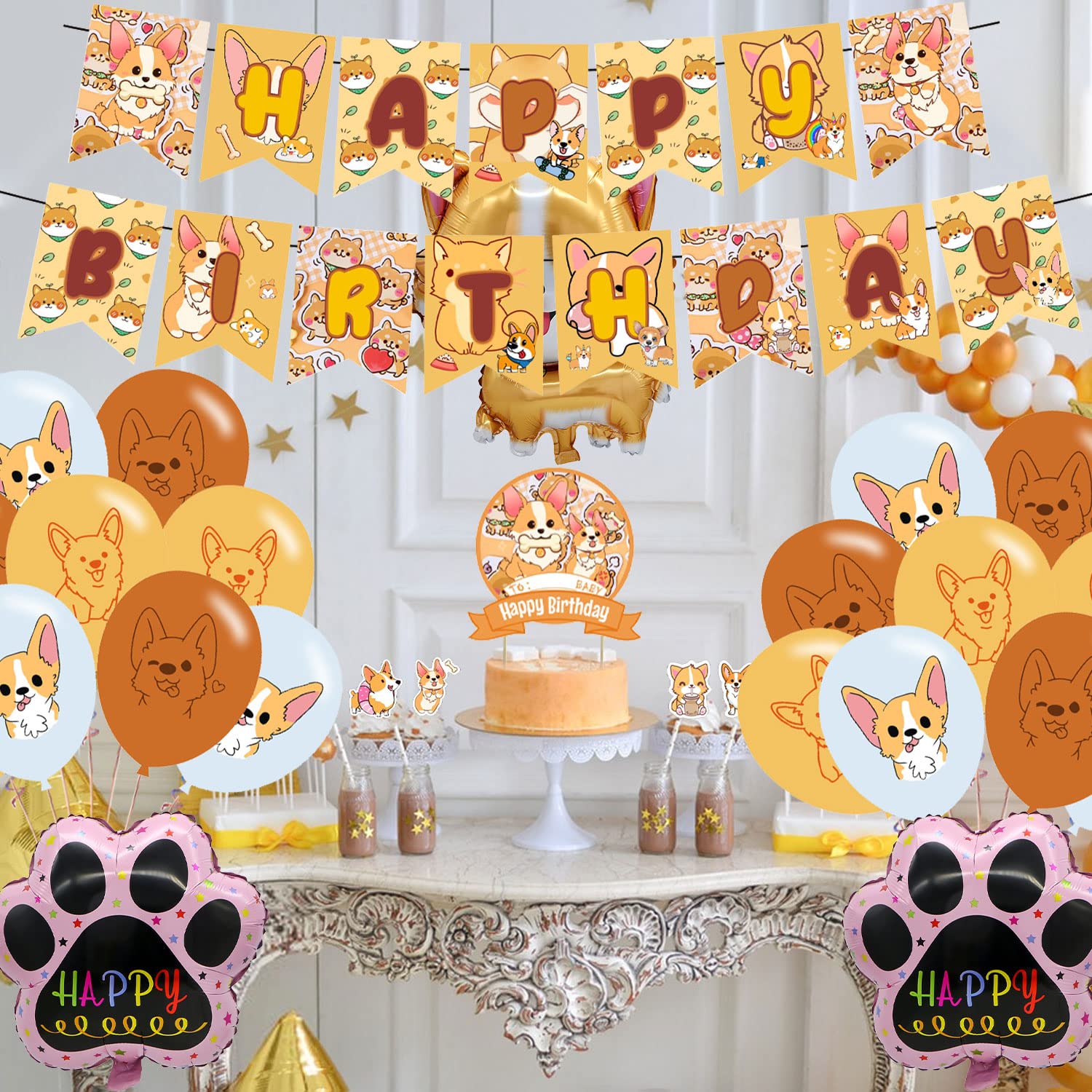 Corgi Party Decorations,Birthday Party Supplies For Corgi Dog Party Supplies Includes Banner - Cake Topper - 12 Cupcake Toppers - 18 Balloons -3 Corgi Foils Ballons