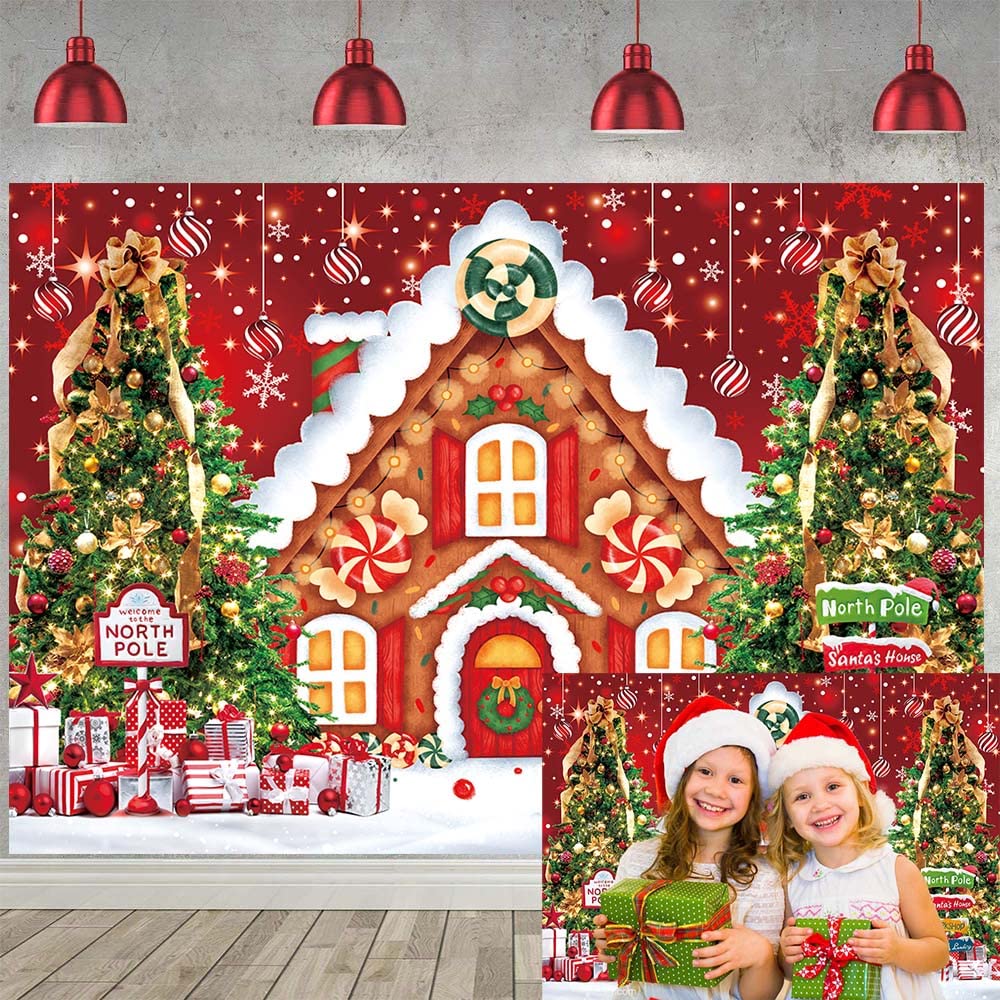 Christmas Gingerbread House Backdrop Winter Merry Xmas Tree Gift Photography Background Family Holiday Party Red Christmas Theme Backdrop Decoration 7x5FT