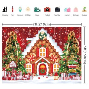 Christmas Gingerbread House Backdrop Winter Merry Xmas Tree Gift Photography Background Family Holiday Party Red Christmas Theme Backdrop Decoration 7x5FT