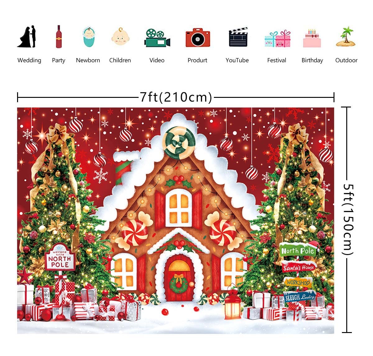 Christmas Gingerbread House Backdrop Winter Merry Xmas Tree Gift Photography Background Family Holiday Party Red Christmas Theme Backdrop Decoration 7x5FT