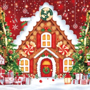 Christmas Gingerbread House Backdrop Winter Merry Xmas Tree Gift Photography Background Family Holiday Party Red Christmas Theme Backdrop Decoration 7x5FT