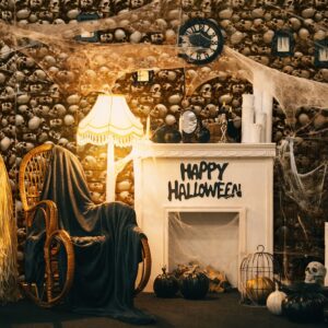 3Pcs Halloween Graveyard Skeleton Theme Party Decorations,Rectangle Plastic Smooth Surface Waterproof Catacombs Skull Sign Backdrop Tablecloth for Halloween Party Decoration and Supplies,54×108 inches