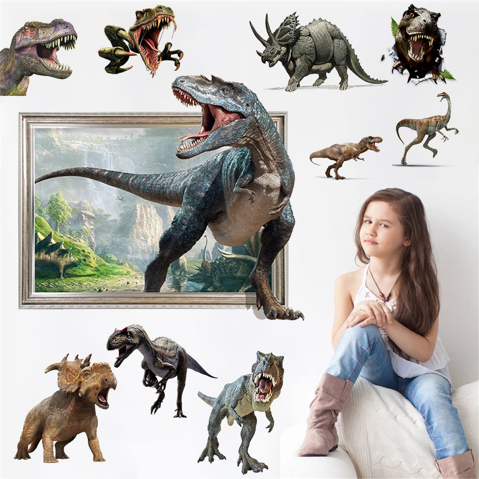 3D Dinosaur Wall Stickers Removable Vinyl Large Dino Stickers 10Pcs Peel and Stick Dinosaur Wall Decals for Family Living Room, Background Wall Decoration, Kids Boys Room