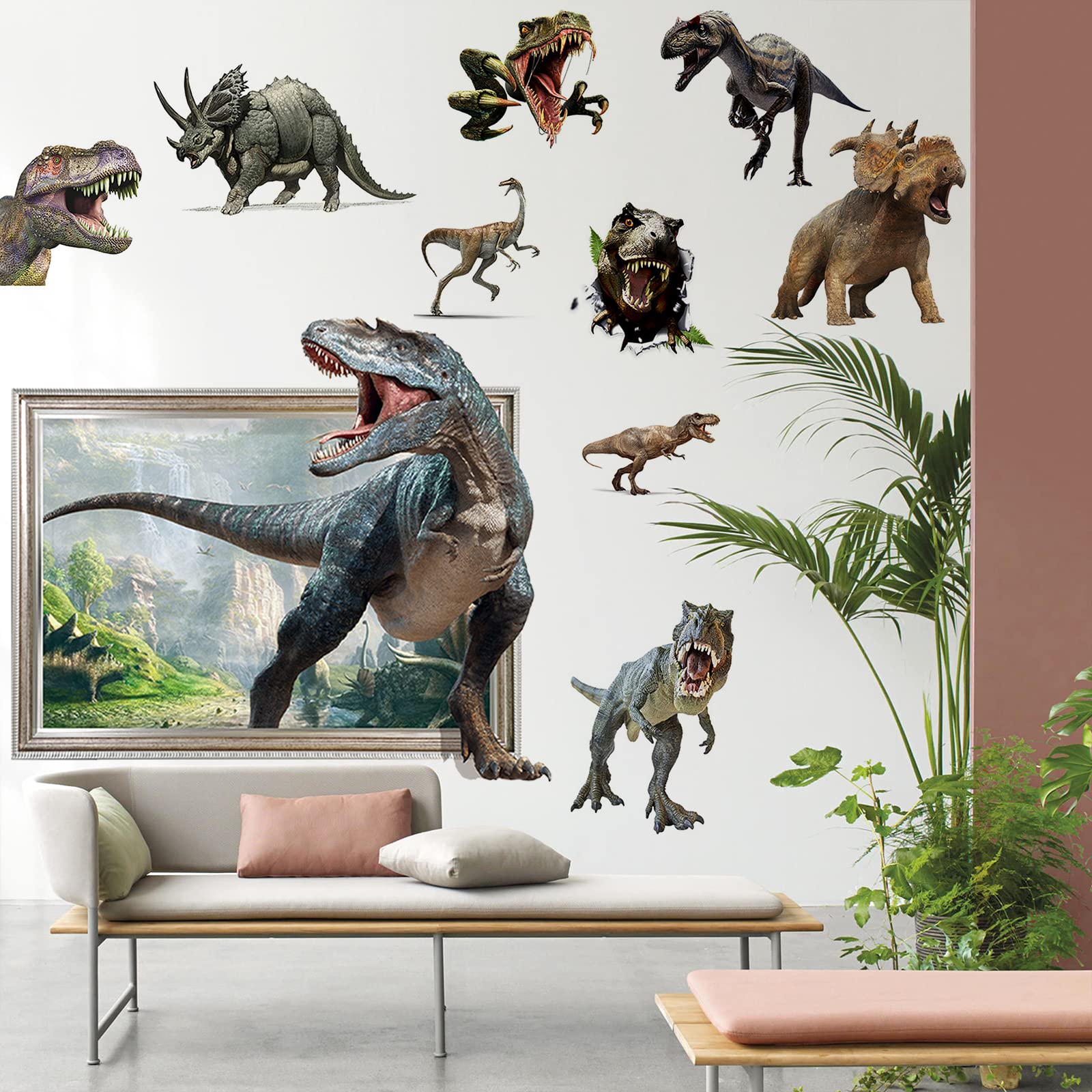 3D Dinosaur Wall Stickers Removable Vinyl Large Dino Stickers 10Pcs Peel and Stick Dinosaur Wall Decals for Family Living Room, Background Wall Decoration, Kids Boys Room