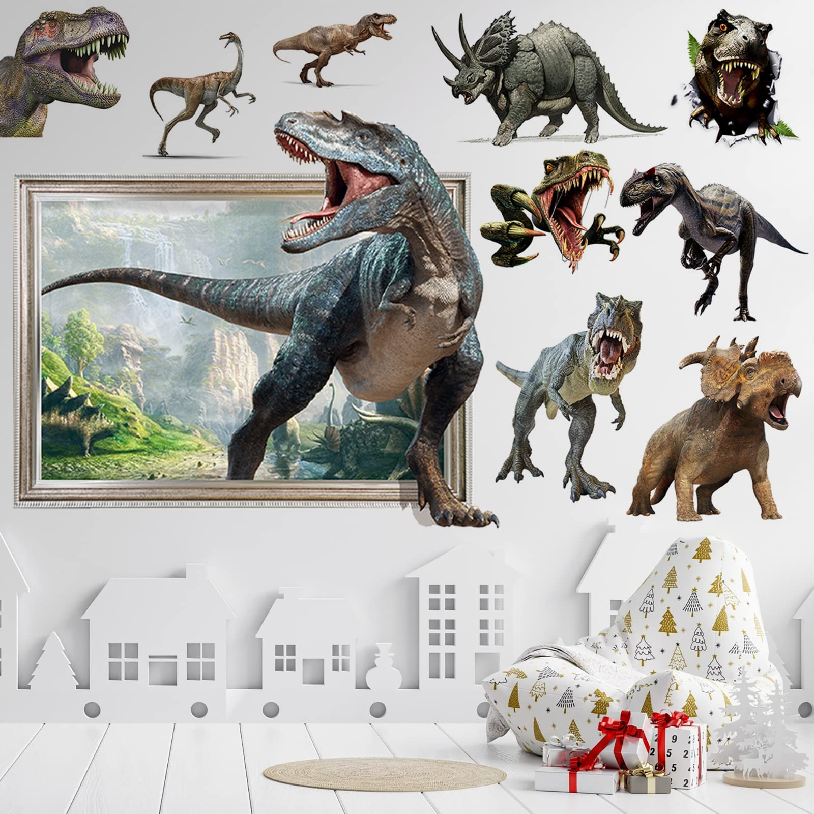 3D Dinosaur Wall Stickers Removable Vinyl Large Dino Stickers 10Pcs Peel and Stick Dinosaur Wall Decals for Family Living Room, Background Wall Decoration, Kids Boys Room