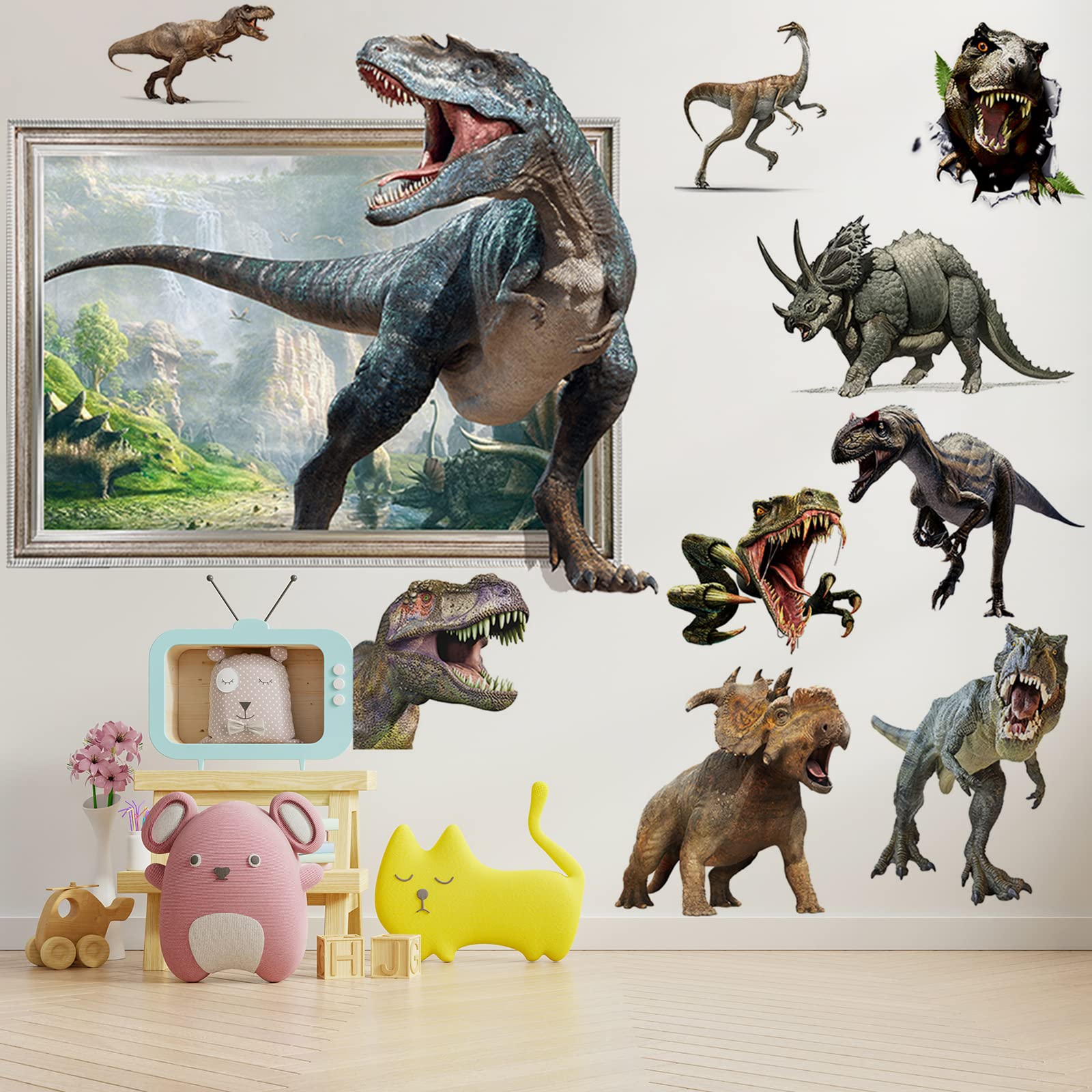 3D Dinosaur Wall Stickers Removable Vinyl Large Dino Stickers 10Pcs Peel and Stick Dinosaur Wall Decals for Family Living Room, Background Wall Decoration, Kids Boys Room