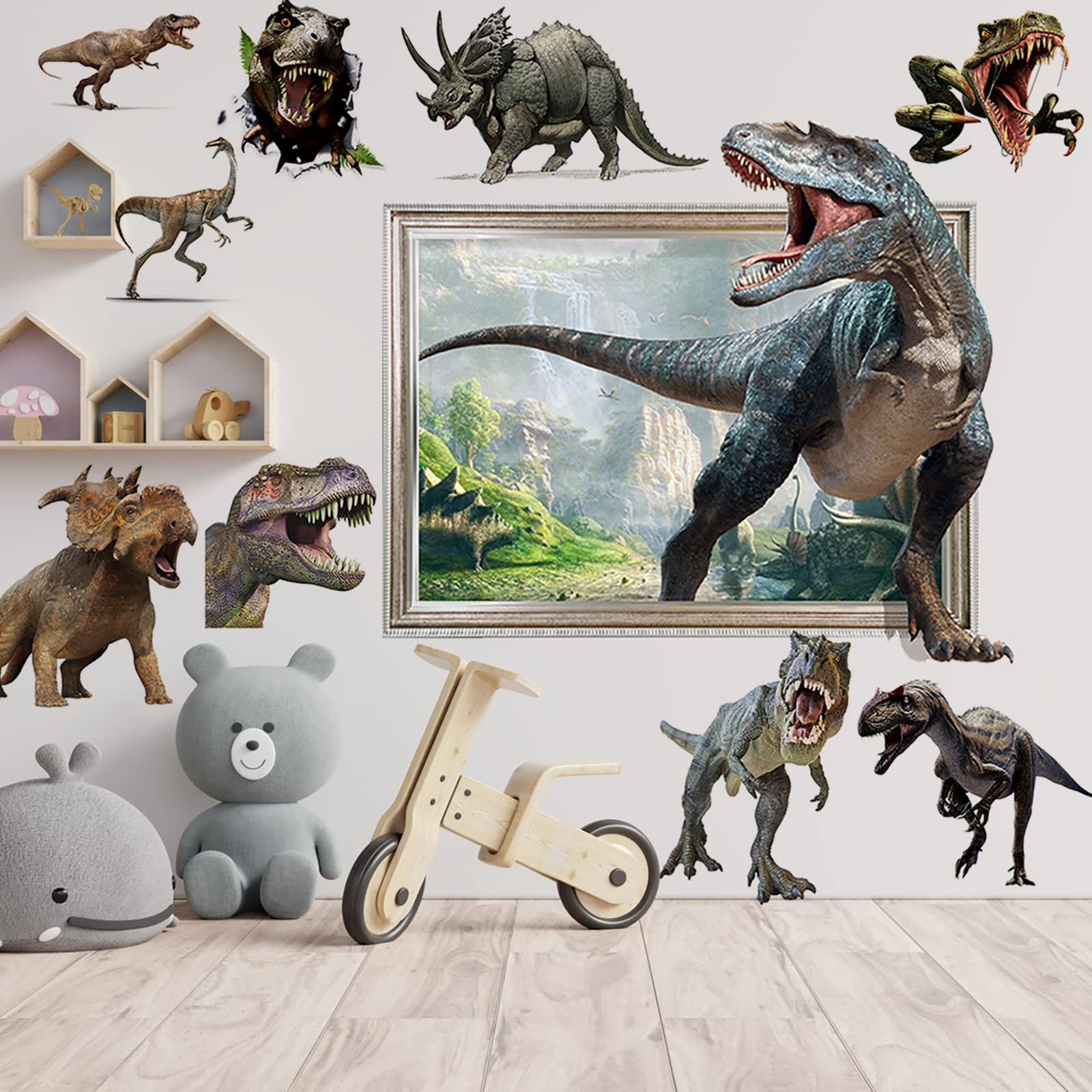 3D Dinosaur Wall Stickers Removable Vinyl Large Dino Stickers 10Pcs Peel and Stick Dinosaur Wall Decals for Family Living Room, Background Wall Decoration, Kids Boys Room