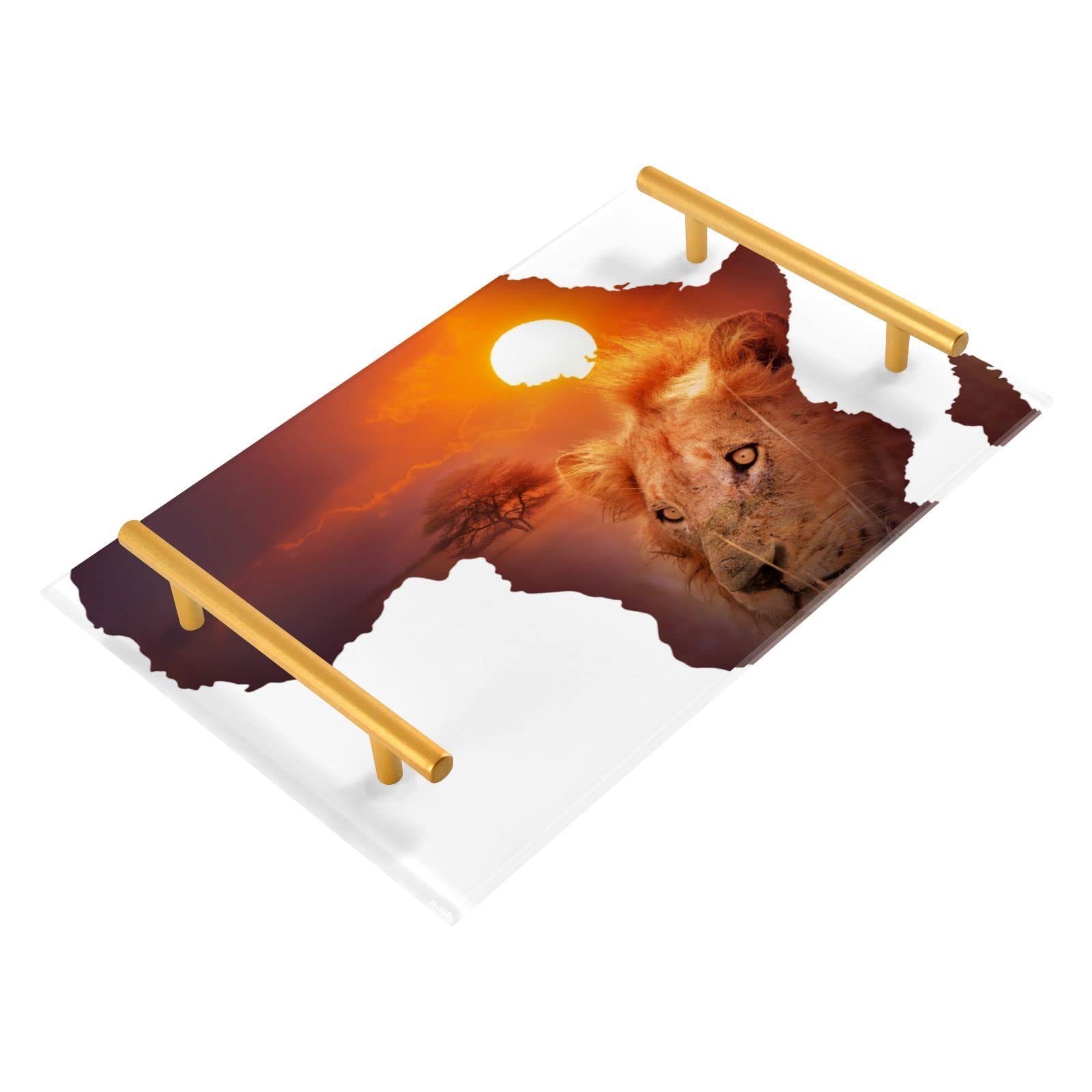 African Map Wildlife Lion Bathroom Tray Perfume Organizer Serving Tray with Gold Handles Decorative Acrylic Tray for Breakfast, Coffee Table/Butler & More