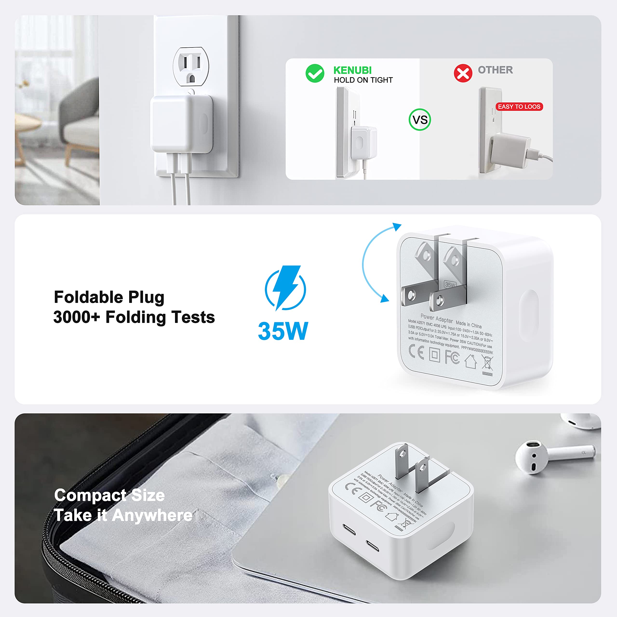 USB C Fast Wall Charger Block, 35W Dual USB C Port Fast Charging Block Power Adapter PD GaN Foldable USB Type C Plug Charger for MacBook Air, iPhone 15 14 13 12 11Pro Max XS XR, iPad Pro, AirPods Pro