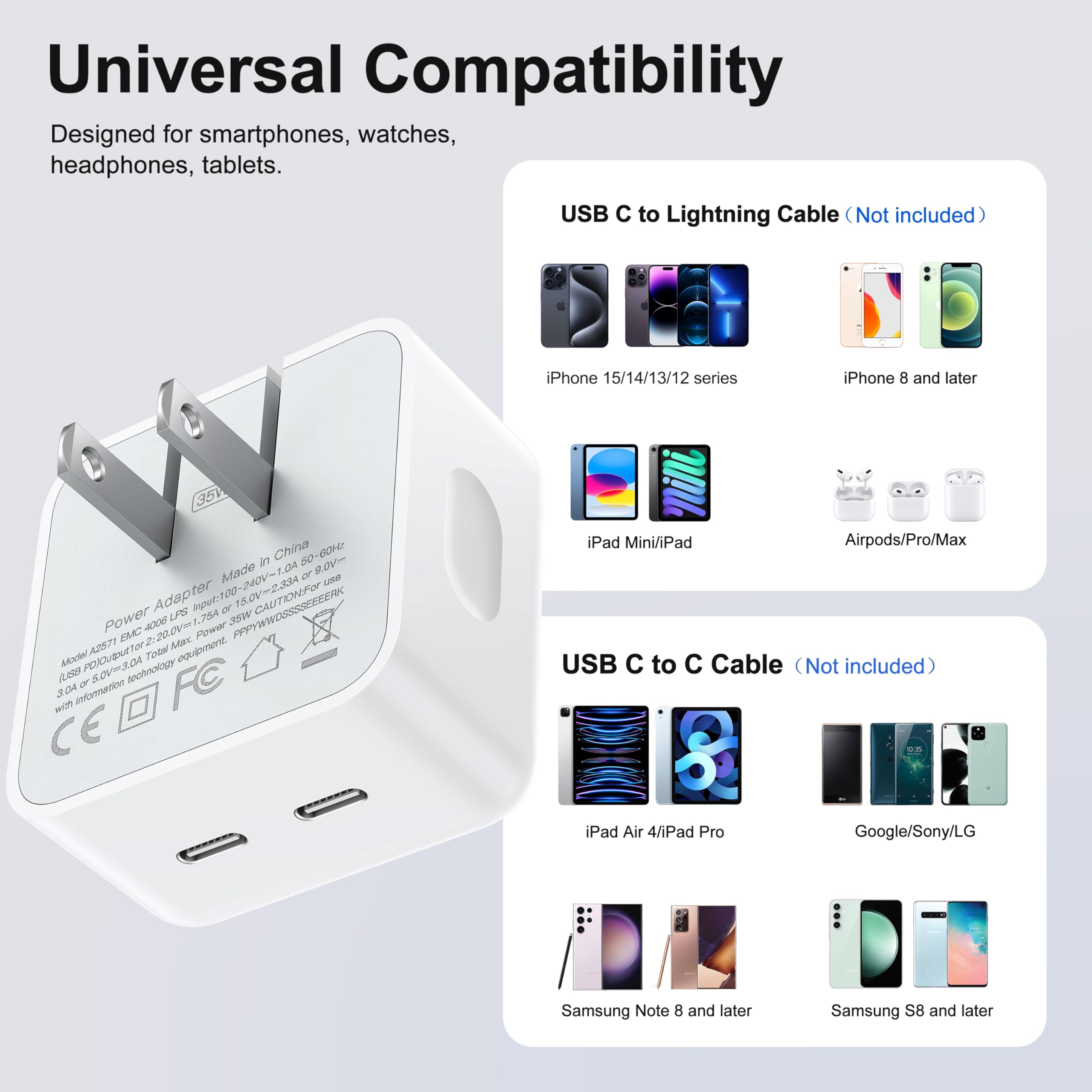 USB C Fast Wall Charger Block, 35W Dual USB C Port Fast Charging Block Power Adapter PD GaN Foldable USB Type C Plug Charger for MacBook Air, iPhone 15 14 13 12 11Pro Max XS XR, iPad Pro, AirPods Pro