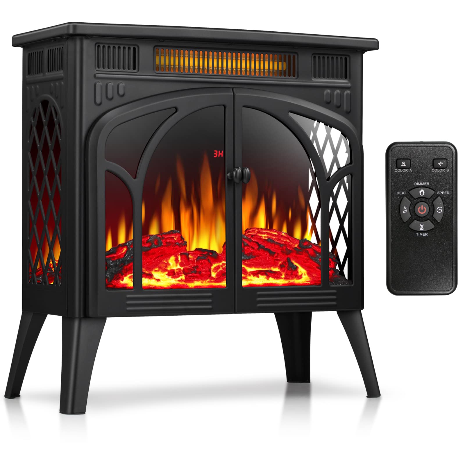 Antarctic Star Electric Fireplace Stove, 3D Free-Standing Infrared Fireplace Stove and Realistic Flame, Remote Control, 5100BTU & All Steel Design, Adjustable Brightness, 1500W Black