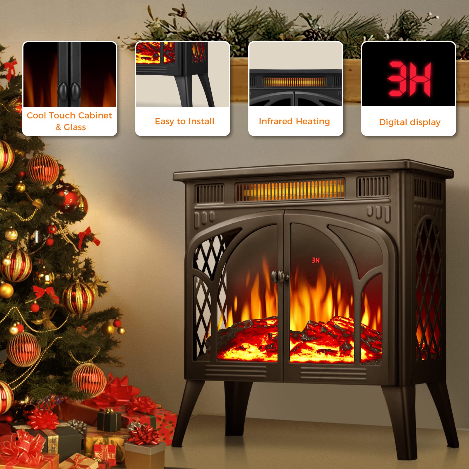 Antarctic Star Electric Fireplace Stove, 3D Free-Standing Infrared Fireplace Stove and Realistic Flame, Remote Control, 5100BTU & All Steel Design, Adjustable Brightness, 1500W Black