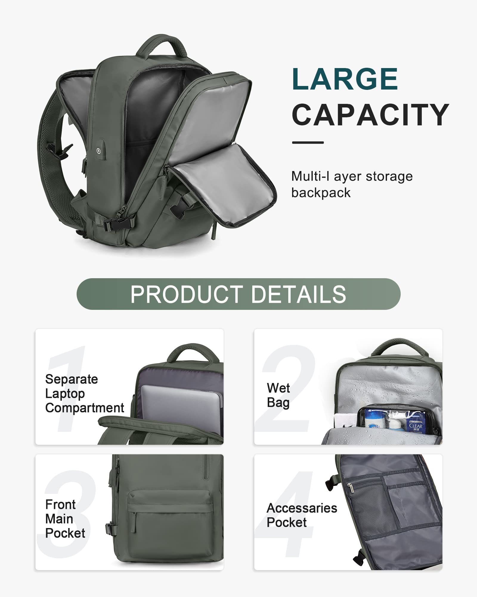 VECAVE Carry On Backpack for Women,Large Travel Backpack Flight Approved,Waterproof 17 Inch Laptop Backpack Business Work Backpacks Men Mochila De Viaje DarkGreen