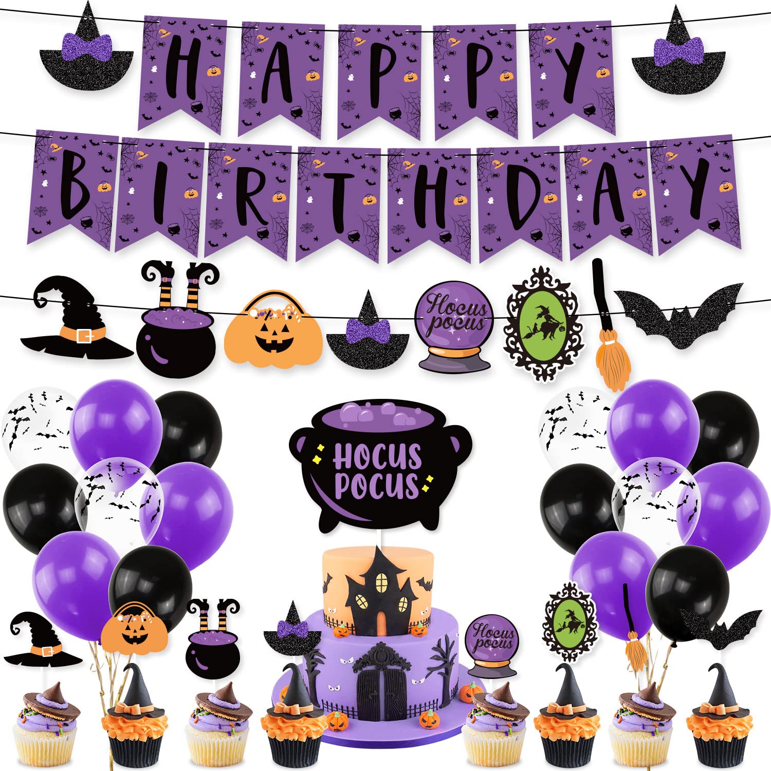 Halloween Birthday Party Decorations, Halloween Witch Party Decorations, Witch Birthday Banner Hocus Pocus Cake Topper Balloons for Halloween Witch Birthday Baby Shower Hocus Pocus Party Supplies