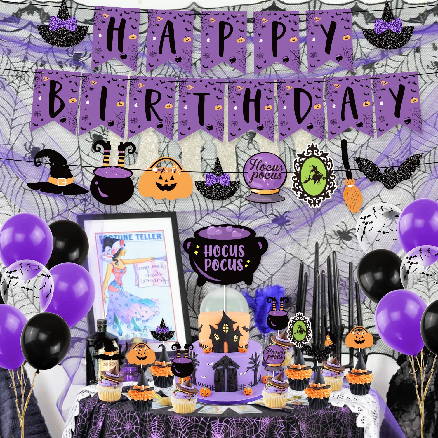 Halloween Birthday Party Decorations, Halloween Witch Party Decorations, Witch Birthday Banner Hocus Pocus Cake Topper Balloons for Halloween Witch Birthday Baby Shower Hocus Pocus Party Supplies