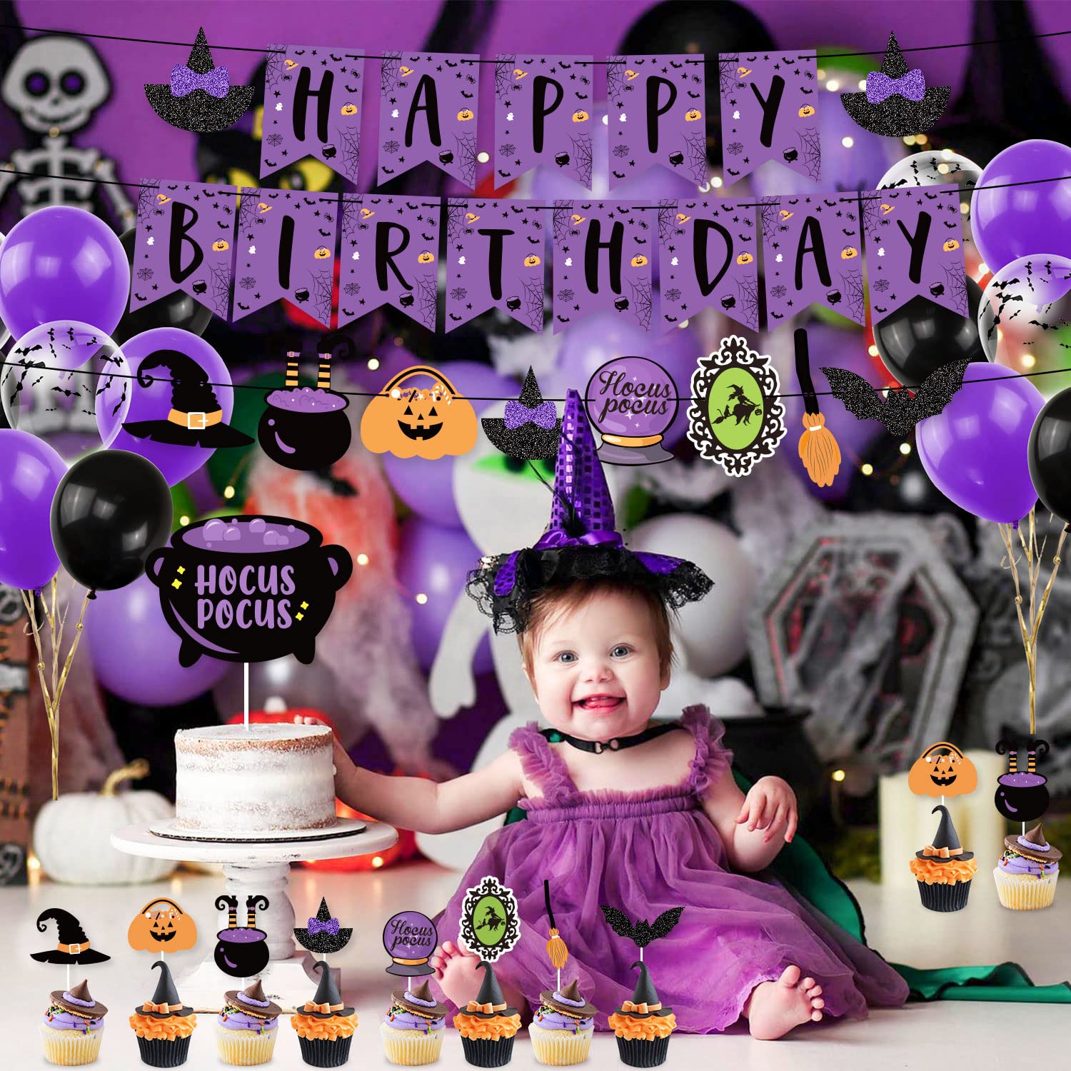 Halloween Birthday Party Decorations, Halloween Witch Party Decorations, Witch Birthday Banner Hocus Pocus Cake Topper Balloons for Halloween Witch Birthday Baby Shower Hocus Pocus Party Supplies