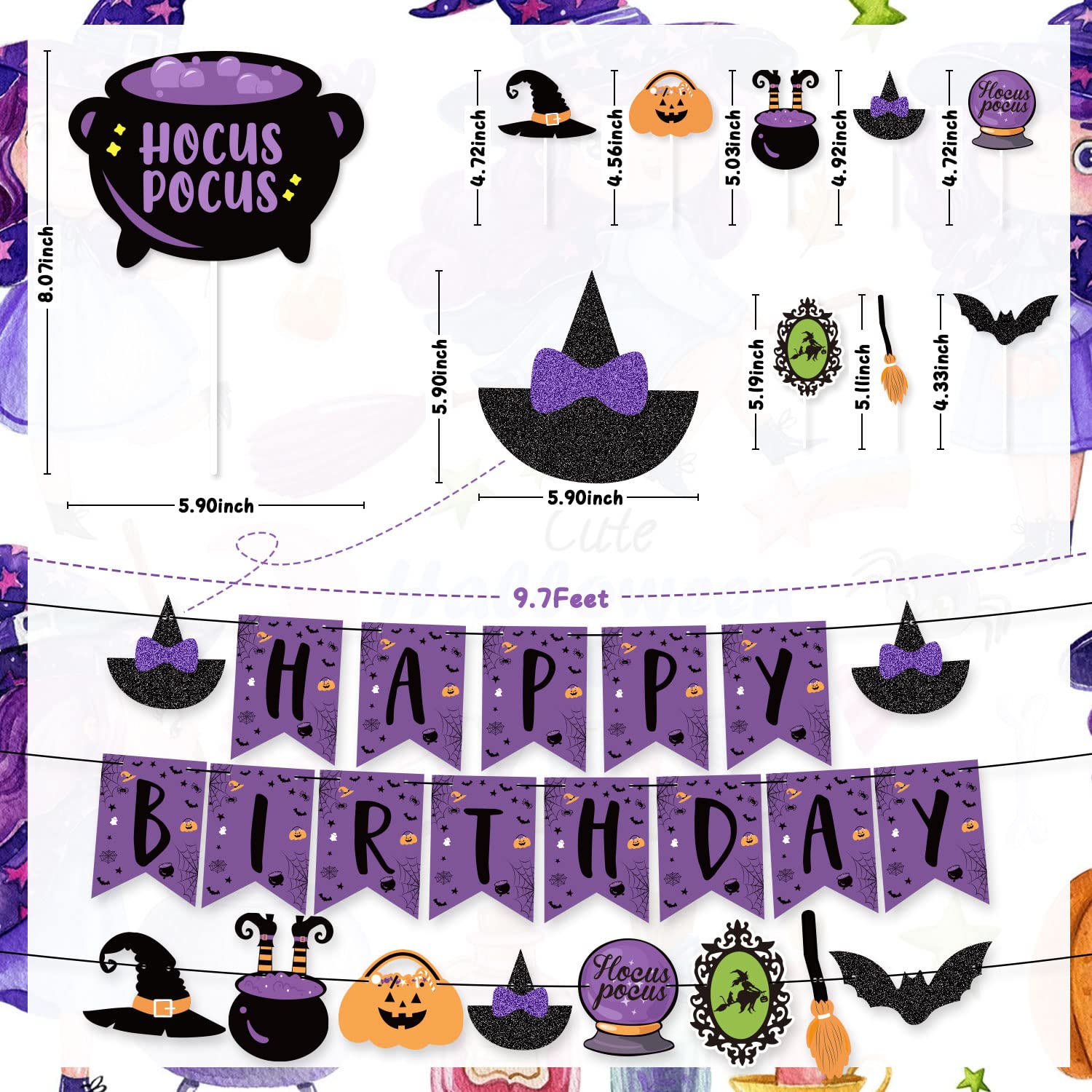 Halloween Birthday Party Decorations, Halloween Witch Party Decorations, Witch Birthday Banner Hocus Pocus Cake Topper Balloons for Halloween Witch Birthday Baby Shower Hocus Pocus Party Supplies