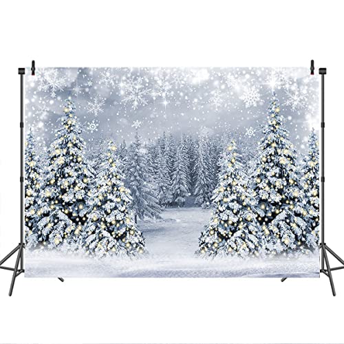 Mocsicka Winter Scene Backdrop Snowy Christmas Pine Tree Halo Spots Photography Background White Wonderland Snowflake Forest Party Holiday Photoshoot Props (White, 7x5ft)