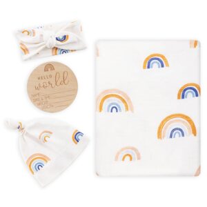 babywhale muslin swaddle blanket with hat and headband bow, rainbow pattern swaddle set for baby boys ＆ girls, newborn soft breathable unisex receiving blanket wrap, 47x47 inches