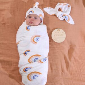 BabyWhale Muslin Swaddle Blanket with Hat and Headband Bow, Rainbow Pattern Swaddle Set for Baby Boys ＆ Girls, Newborn Soft Breathable Unisex Receiving Blanket Wrap, 47x47 inches