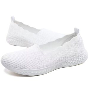 Puxowe Women's Slip on Wide Walking Flat Shoes-Comfortable Low-Top Knit Width Loafer Sneaker White Size 9 US