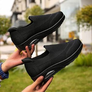 Mesh Breathable Sneakers for Women Fashion Wedge Platform Slip-on Sports Walking Shoes Non Slip Shaking Shoes Casual Shoes, Black, 8.5