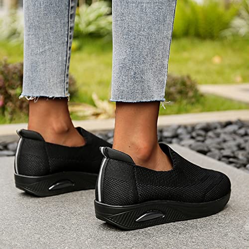 Mesh Breathable Sneakers for Women Fashion Wedge Platform Slip-on Sports Walking Shoes Non Slip Shaking Shoes Casual Shoes, Black, 8.5