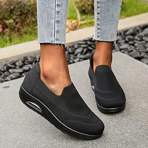 Mesh Breathable Sneakers for Women Fashion Wedge Platform Slip-on Sports Walking Shoes Non Slip Shaking Shoes Casual Shoes, Black, 8.5