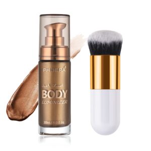 body shimmer oil, waterproof long lasting moisturizing body luminizer glow for face , liquid illuminator highlighter 1oz/jars, makeup brush include (glistening bronze #03)