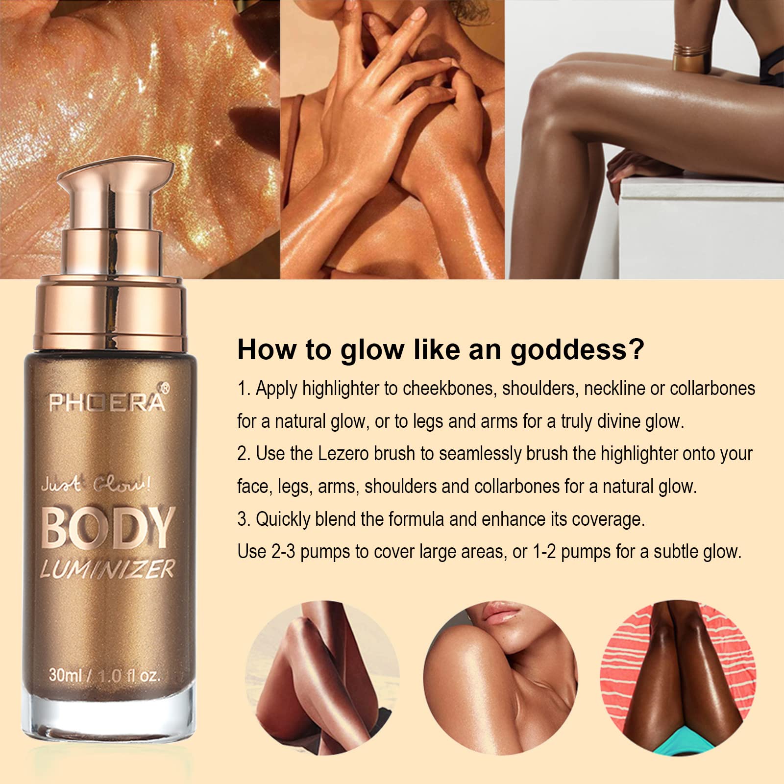 Body Shimmer Oil, Waterproof Long Lasting Moisturizing Body Luminizer Glow For Face , Liquid Illuminator Highlighter 1oz/Jars, Makeup Brush Include (Glistening Bronze #03)