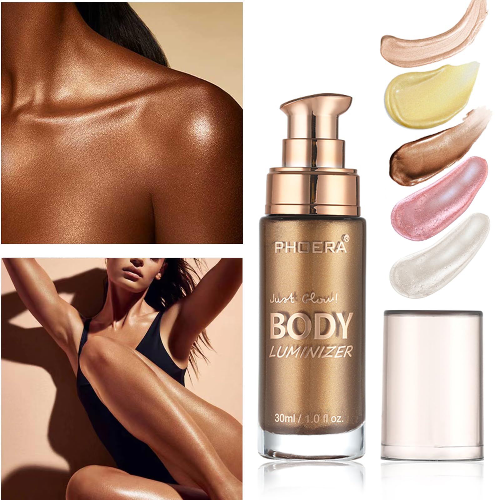 Body Shimmer Oil, Waterproof Long Lasting Moisturizing Body Luminizer Glow For Face , Liquid Illuminator Highlighter 1oz/Jars, Makeup Brush Include (Glistening Bronze #03)