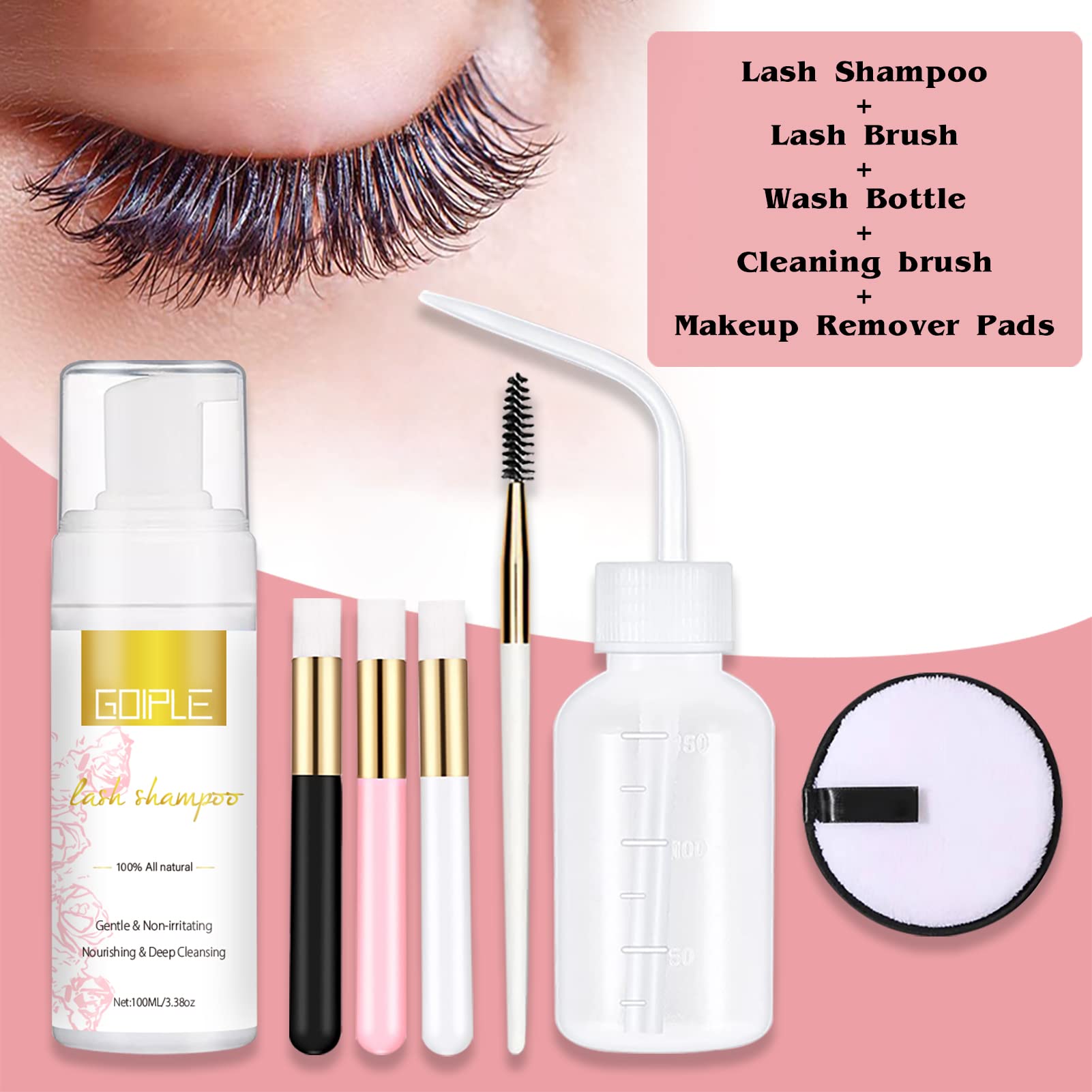 100ml Eyelash Extension Cleanser Lash Mousse Unsent Lash Shampoo for Extensions, Natural Lashes Makeup & Mascara Remover Professional & Self Use with Cotton Puff Lash Cleanser 3.38Oz