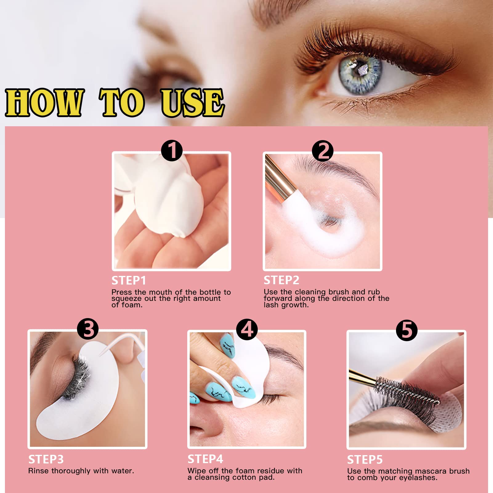 100ml Eyelash Extension Cleanser Lash Mousse Unsent Lash Shampoo for Extensions, Natural Lashes Makeup & Mascara Remover Professional & Self Use with Cotton Puff Lash Cleanser 3.38Oz