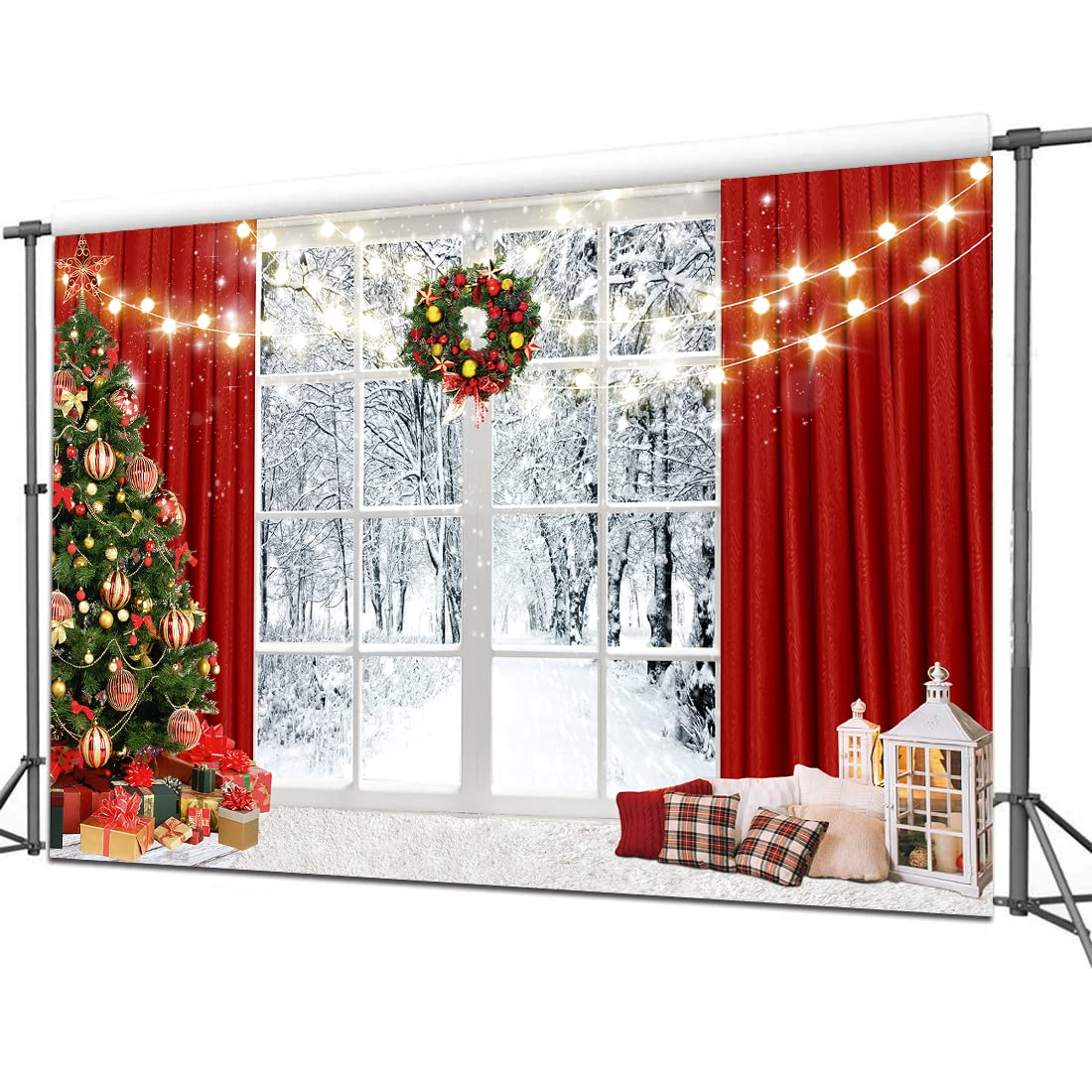 CYLYH 10x8ft Christmas Window Backdrop for Photography Winter Snow Scene Xmas Party Decorations Background Christmas Festival Party Banner Backdrop D586